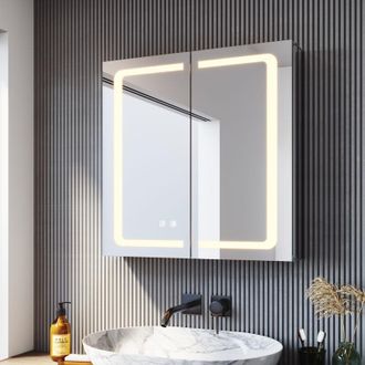 Sonni Aluminium Spiegelschrank mit led Beleuchtung 3 Lichtfarben Dimmbar mit Touch Steckdose und Beschlagfrei Drahtloses Scharnier & Softclose Scharnieren
