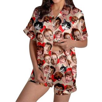 Generic Haut de pyjama en satin &agrave; manches courtes et boutonni&egrave;re, short assorti. V&ecirc;tement de nuit doux et imprim&eacute; pour femme., beige, XXL