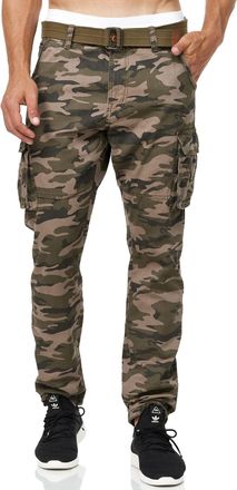 Indicode Herren William Cargohose aus Baumwolle m. 7 Taschen inkl. Gürtel | Outdoorhose Dired Camouflage, XXL