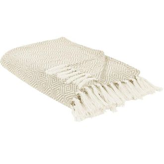 Beliani Tagesdecke Hellbeige Baumwolle 220x240 cm mit Fransen Geometrisches Muster Schlafzimmer Wohnzimmer Sofadecke &Uuml;berwurf f&uuml;r Sofa Bett Sessel