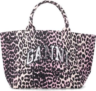 Ganni Shopper & Totes - Leopard Print Medium Tote With Embroidered Message - Gr. unisize - in Grau - f&uuml;r Damen