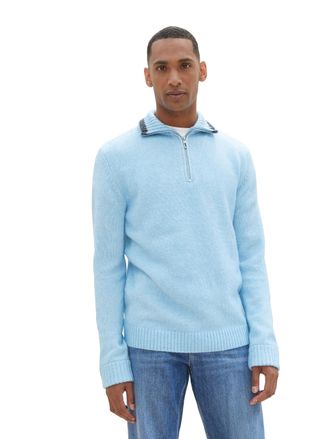Tom Tailor Herren Cosy Troyer Pullover, middle blue white core, XXL