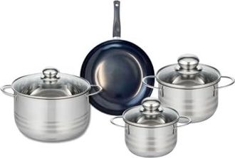 Fackelmann ELO 9711450 Batterie de cuisine 4 pièces, Ensemble de 1 Poêle de cuisson 20 cm et 3 faitouts 14, 16 et 20 cm Elo Prima Brillant, inox, induction, Noir