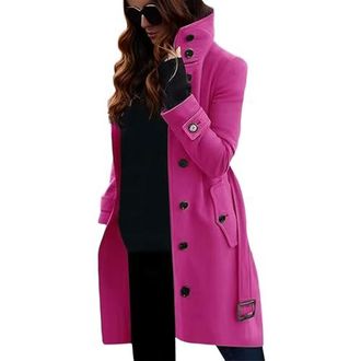 Generic Manteau caban mi-cuisse pour femme, robe-manteau &agrave; simple boutonnage, style trench, rose rouge, taille S