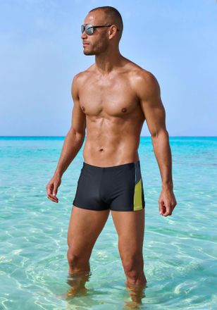 H.I.S Boxer-Badehose H.I.S, Herren, Gr. 4, N-Gr, schwarz (schwarz, gelb), Recycling-Polyamid, unifarben mit Farbeins&auml;tzen, Badehosen, im Colorblocking-Desig