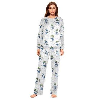 Alaza Ensemble de pyjama en polaire pour femme - Motif bonhomme de neige - Manches longues - Vêtement de nuit deux pièces - Pyjama thermique super doux - Ta