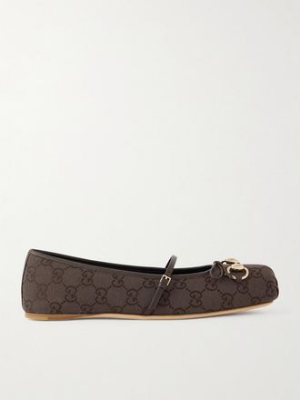 Gucci Ballerinas Aus Canvas Mit Jacquard-muster, Horsebit-detail Und Schleife - Braun