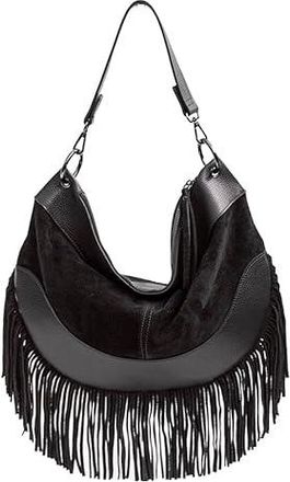 Laura di Maggio Sac Hobo en cuir et daim, noir, 29 x 45 x 9 cm, avec franges, fermeture à glissière, poignée 43 cm et bandoulière réglable 110 cm, Noir