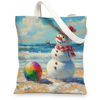 Generic Sac fourre-tout amusant en toile avec bonshommes de neige pour le shopping, 33 x 38 cm, sac r&eacute;utilisable en tissu pour femme, peinture amusante, d&eacute;cor