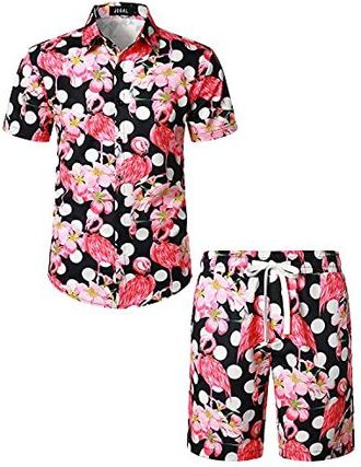 JOGAL Chemise hawaïenne pour homme - Chemise à manches courtes et pantalon court - Tenue de plage - Chemise dété pour homme, Noir Polka Flamingo, S