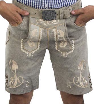 Sch&ouml;neberger Trachten Couture Herren Bergkristall helle/graue Lederhose kurz - inkl. Wappen Trachteng&uuml;rtel - Trachten Lederhose Vintage mit G&uuml;rtel (56, grau)