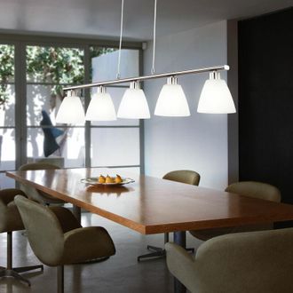 ETC Shop Esstischlampe Hängelampe Esstisch Hängeleuchte silber höhenverstellbar, 5 flammig, Metall nickel Glas weiß 5x E14 Fassungen HxLxB 120x93x13cm