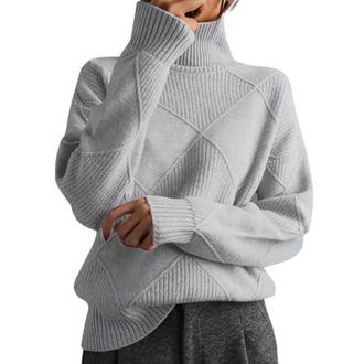 Generic Pull surdimensionn&eacute; c&ocirc;tel&eacute; uni &agrave; col roul&eacute; pour femme, d&eacute;contract&eacute;, &eacute;l&eacute;gant, confortable, haut dautomne et dhiver, coupe ample, doux et chaud, tricot 