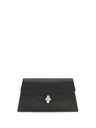 Alexander McQueen Womens Mini Skull Clutch Black-Silver Calf Leather Shoulder Bags Black/silver