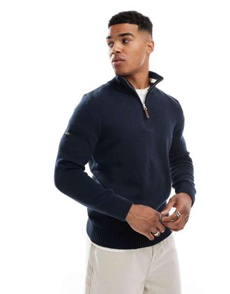 Superdry Cotton Classics - Strickpullover in Navy mit halblangem Reißverschluss-Marineblau