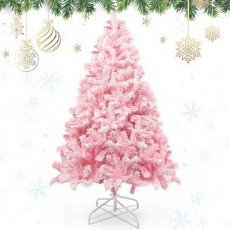 AGM Mobile Weihnachtsbaum 1,5m Schneebeflockt Künstlicher Rosa Weihnachtsbaum mit 480 Astspitzen Outdoor Tannenbaum für Weihnachtsdeko