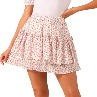 Allegra K Damen Blumenrock Sommer Hoher Taille A Linie Ruffle Layered Kurz Minirock Rock Wei&szlig; Grau Blau XS