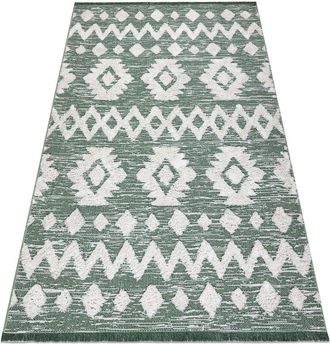 RugsX Teppich &ouml;ko sisal boho moroc Etno Zigzag 22319 Franse - zwei Ebenen aus Vlies gr&uuml;n / creme, recycelter Teppich green 117x170 cm