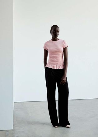 Mango Pull en maille nid dabeille &agrave; volant rose clair - Femme - XS - MANGO