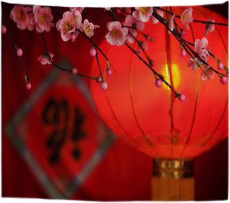 A.Monamour Wanddekor Wandbild Vorhang Wandteppiche Rote Laterne Frühling Pflaumenbaum Blumen Chinesisches Neujahr Frühling Festival Urlaub Stoff Wandbehang Tapis