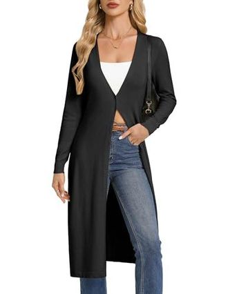 Grace Karin Cardigan long et l&eacute;ger pour femme avec col en V &eacute;l&eacute;gant et boutons, Noir, M