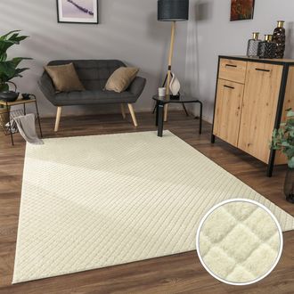 Paco Home Teppich Wohnzimmer Schlafzimmer Kurzflor Skandinavisches Boho Design Geometrisches Rauten Muster 3D Effekt Einfarbig, Grösse:120x160 cm, Farbe:Creme