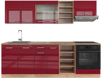 Vicco Küchenzeile R-Line, Rot Hochglanz/Goldkraft Eiche, 240 cm ohne Arbeitsplatte