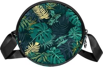 Generic Sac &agrave; bandouli&egrave;re rond pour femme, motif feuilles tropicales, sac &agrave; dos &agrave; bandouli&egrave;re avec fermeture &eacute;clair, bretelles r&eacute;glables, sac &agrave; main rond d&eacute;co