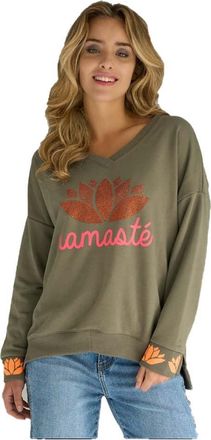Miss Goodlife Damen Sweatshirt, Namaste V-Neck, MG12980, Oliv/neonpink, M