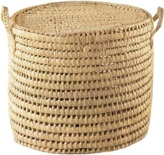 HOME MAISON Homemaison - Malle Ronde Feuille de Palmier - Osier - &Eacute;l&eacute;gance et Praticit&eacute; Artisanale - Rangement Linge, Jouets, Plaids - Table dAppoint - Taille 50 