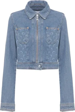 Marine Serre Femme, Vestes, Bleu, Taille: 40 FR Veste en jean courte &agrave; imprim&eacute; lune