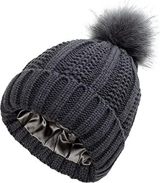 Generic Casquette de baseball en tricot pour femme avec bonnet dhiver tricot&eacute; pour femme - Bonnet chaud &agrave; pompons r&eacute;tro, gris fonc&eacute;, Taille unique