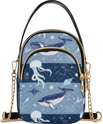 Mnsruu Sac à bandoulière pour femme, méduses rayées, carte de locéan bleue, sac à dos, petit sac à bandoulière avec sangle réglable