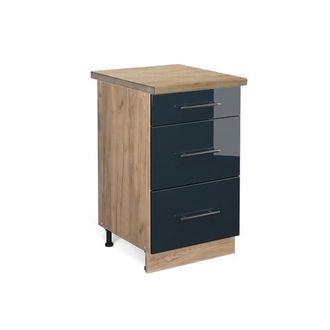 Vicco Meuble Cuisine Fame-Line, Bleu fonc&eacute; Brillant/Ch&ecirc;ne de Force dor&eacute;, 50 cm, PT Ch&ecirc;ne