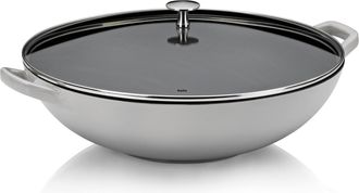 KELA Gusseisen Wok mit Glasdeckel 36 cm CALIDO, Wokpfanne Induktion, Wokpfanne mit Deckel, emailliert, grau