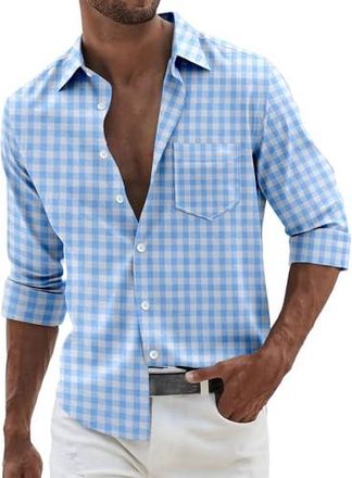 Generic Chemises pour homme, chemise &agrave; carreaux l&eacute;g&egrave;rement cintr&eacute;e, chemises &agrave; manches longues avec poche, chemise &agrave; carreaux, haut d&eacute;t&eacute; l&eacute;ger, haut tendance,