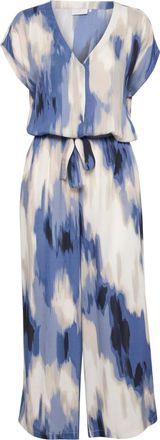 Kaffe Damen, V-Ausschnitt, Kurze Ärmel, abgeschnittene Länge, breite Beintaschen Jumpsuit, Blue Abstract Print, 34