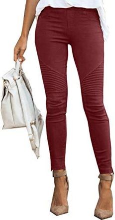 Onsoyours Femme Leggings Slim Taille Haute Casual Skinny Chic Stretch Élastique Leggings Pantalon Crayon Couleur Unie Printemps Été (M, Rouge)