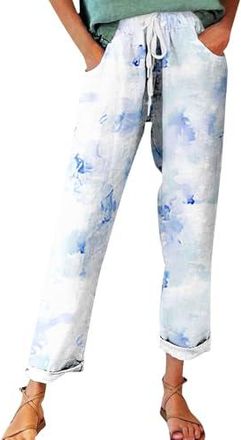 Generic Pantalon Femme Large L&eacute;ger Blanc en Lin pour Womens Autumn Fragrant Linen Print Casual Pants Perfect for Spring Comfortable and Trendy for Relaxed Ens
