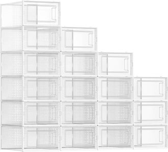 Songmics Schuhboxen, 18er Set, Schuh-Organizer aus Kunststoff, faltbar und stapelbar, f&uuml;r Schuhe bis Gr&ouml;&szlig;e 44, transparent-wei&szlig; LSP18SWT