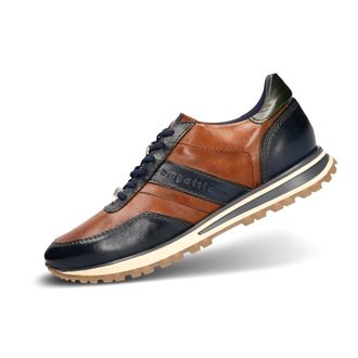 Bugatti Herren-Sneaker aus dunkelblauem und cognacfarbenem Leder mit kontrastierenden Eins&auml;tzen, Ziern&auml;hten, Memory-Schaum-Innensohlen, langlebig und bequem. 