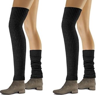 Sesto Senso 2 paires Guêtres Hautes Hiver Femme Jambières Cotton Tricotés Tressée Tissage Rayé Noir