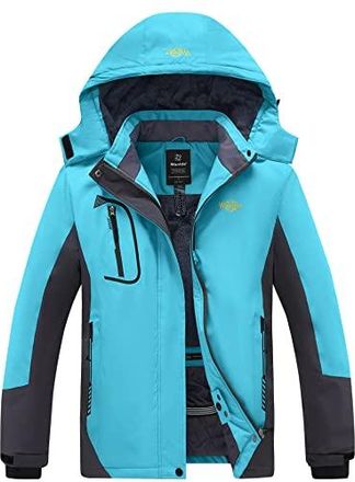 Wantdo Femme Veste de Ski Imperméable Voyage Coupe-Vent Manteau dhiver Chaud avec Capuche Veste Randonnée Travail Veste de Snowboard Outdoor Bleu XXL