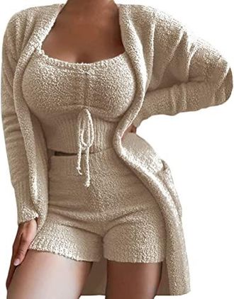 ORANDESIGNE Ensemble Pyjama Femme 3 Pièces Polaire Hiver Chaud Gilet Fausse Fourrure + Camisole Crop Top + Short Casual Outfit Couleur Unie Loungewear Suits Vêtem