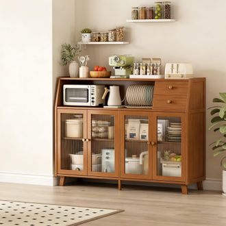 Generic Sideboard in Massivholzoptik mit halbtransparenten Glast&uuml;ren Offene Regalb&ouml;den + Schubladen Stauraum for das Esszimmer, Teeschrank und Wohnzimmer(Tea 