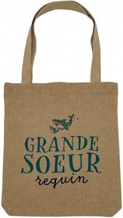 Fabulous Sac Shopping Tote Bag Aspect Lin - Grande Soeur Requin Poisson Mer Mignon - Sac de Courses Toile Epaisse 360g Beige Naturel Cabas Port&eacute; Epaule Solide 