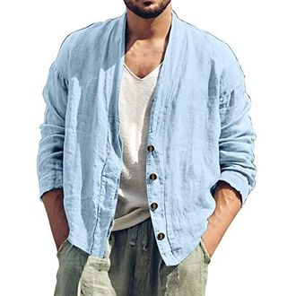 Generic Cardigan pour homme - En coton et lin - Manches longues - Boutonné - Décontracté - Mode - Poncho de plage - Couleur unie - Décontracté - Léger, bleu c