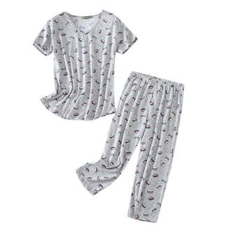 Generic Ensemble de Pyjama Femmes Manches Courtes Coton avec Pantalon, Doux &agrave; Porter et Confortable f24