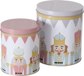 Boltze Set aus 2 Metallkeksdosen, rosa, grau, weiß mit Nußknackermotiv Sortierte Höhe 13-16 cm