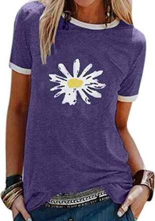 Nümph T-Shirts à Fleurs pour Femmes Imprimé Marguerite Casual T-Shirt à col Rond à Manches Courtes T-Shirt Basique